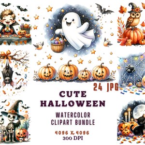 Cute Halloween Watercolor Clipart Bundle, Pumpkins Cute Witch Bats Cute ...