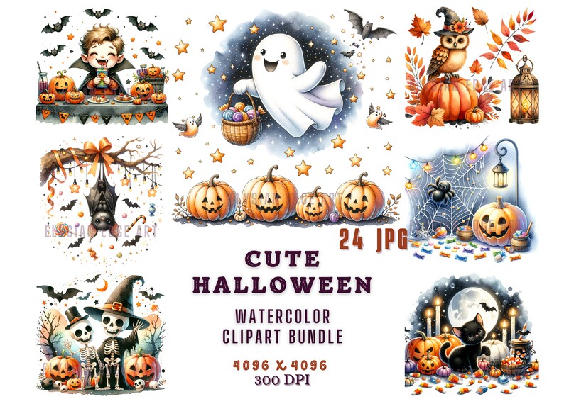 Cute Halloween Watercolor Clipart Bundle, Pumpkins Cute Witch Bats Cute ...