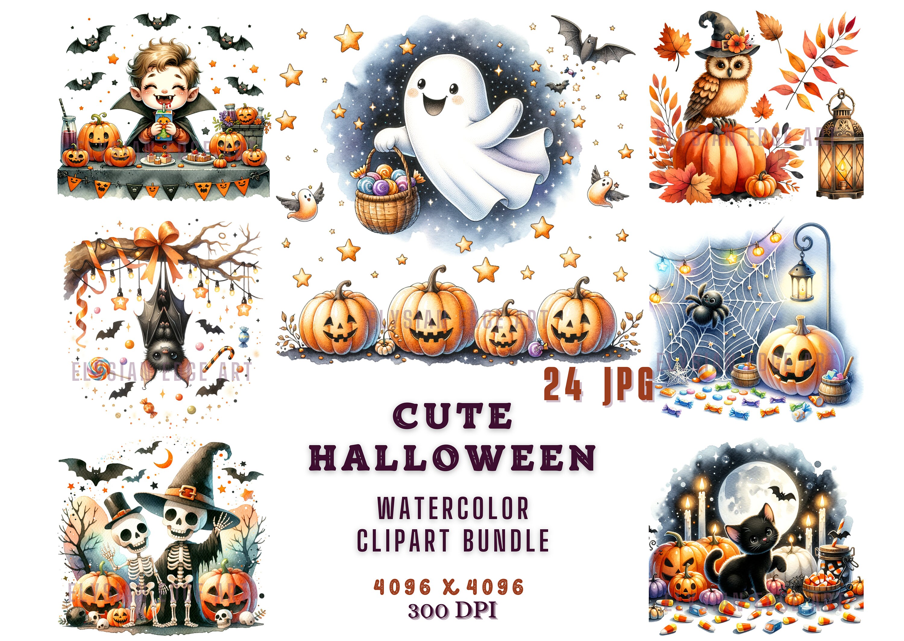 Cute Halloween Watercolor Clipart Bundle, Pumpkins Cute Witch Bats Cute ...