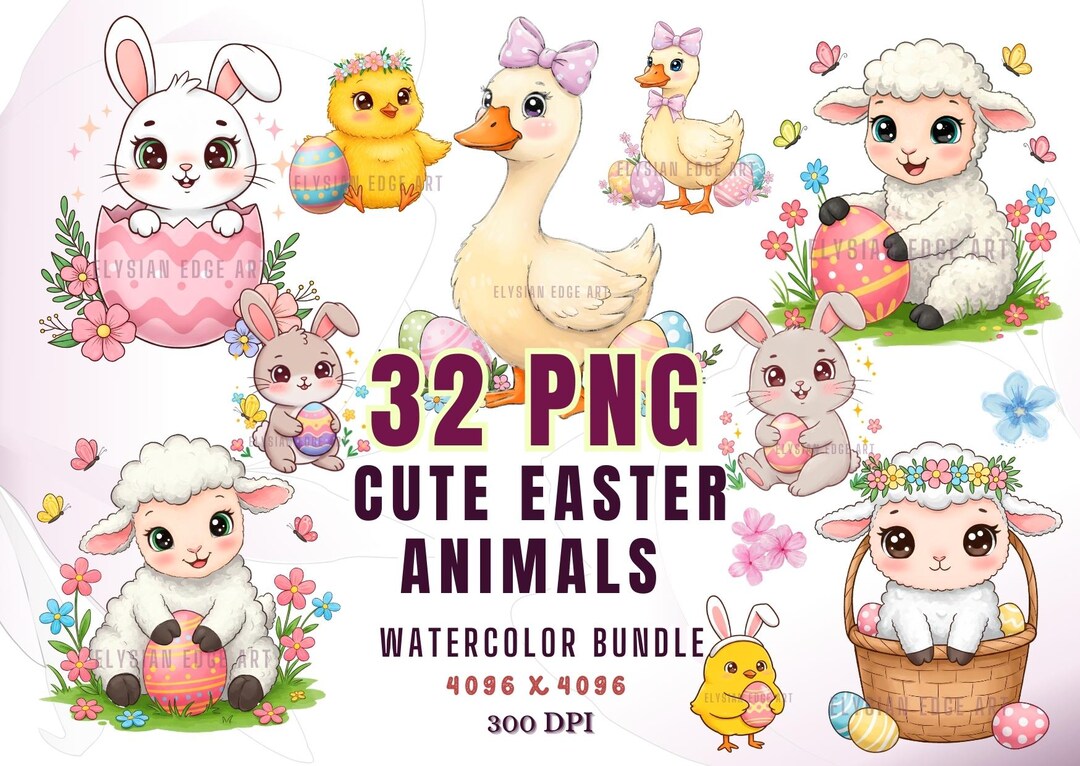 Cute Spring Animals Watercolor Clipart Bundle, Cute Bunny, Baby Bunny ...