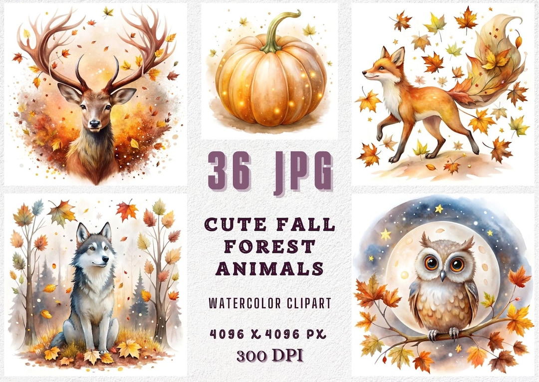 Cute Fall Forest Animals, Cozy Watercolor Autumn Clipart Bundle, Autumn ...