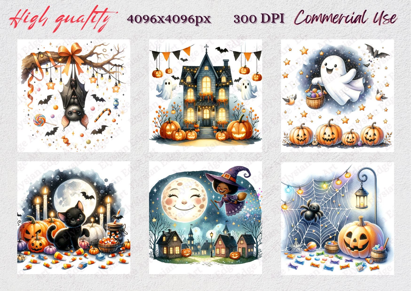 Cute Halloween Watercolor Clipart Bundle, Pumpkins Cute Witch Bats Cute ...