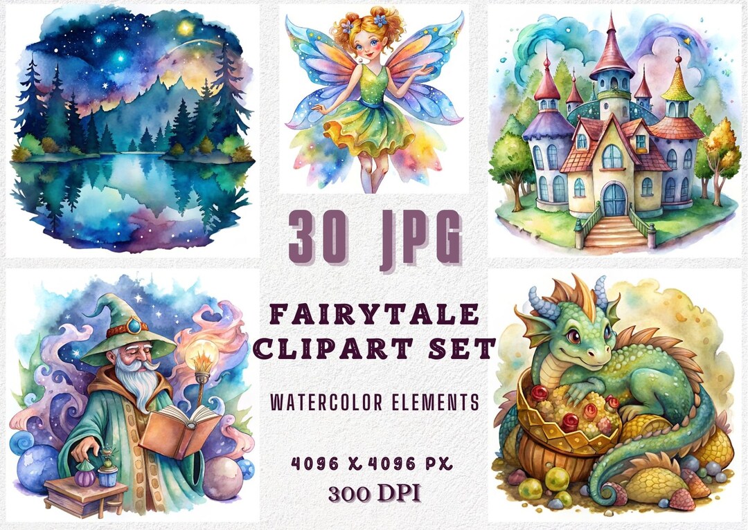 Watercolor Fairytale Clipart Set, Dragon, Fairy, Magic Castle, Wizard ...