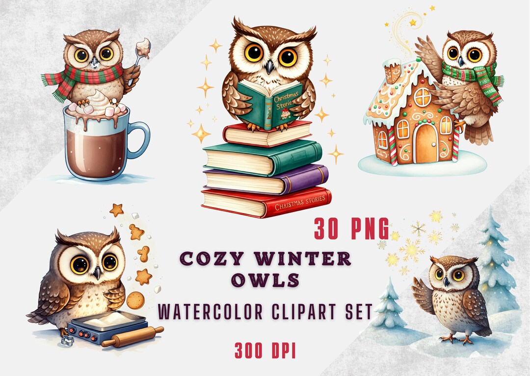 Watercolor Cozy Winter Owls Clipart, Cute Owl Clipart, Winter Landscape ...