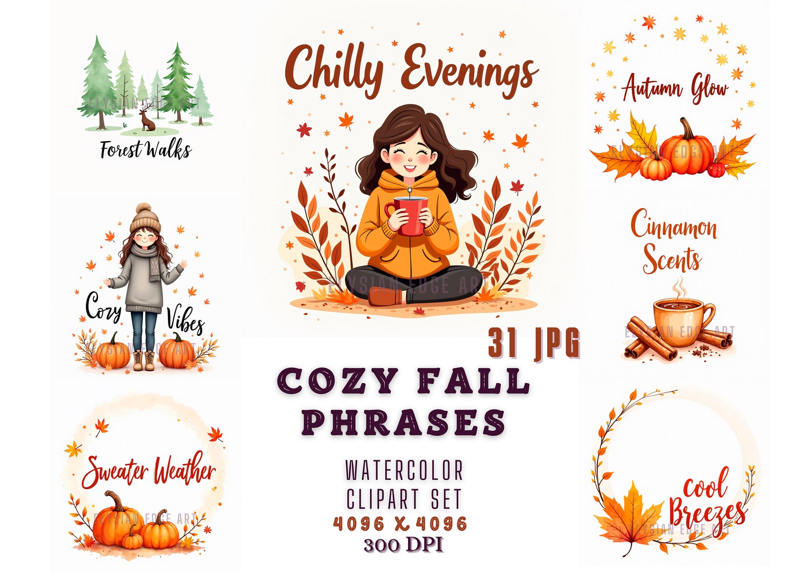 Cozy Fall Phrases & Watercolor Clipart Set, Autumn Quotes and Phrases ...