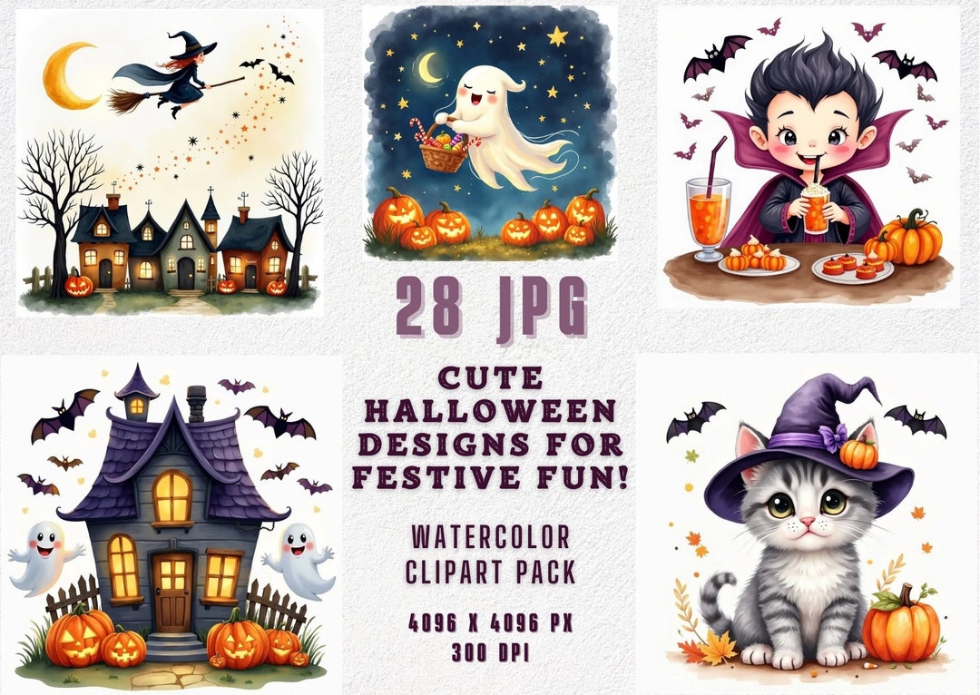 Cute Halloween Clipart Pack, Watercolor Designs for Festive Fun, Witch ...
