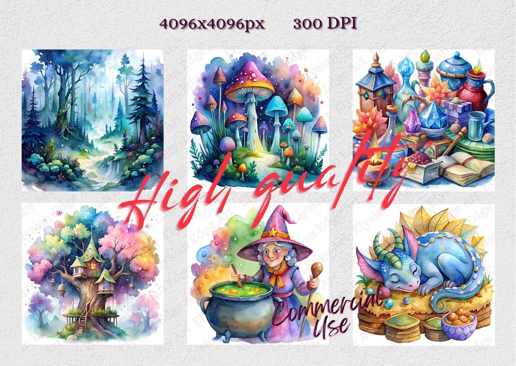 Watercolor Fairytale Clipart Set, Dragon, Fairy, Magic Castle, Wizard ...