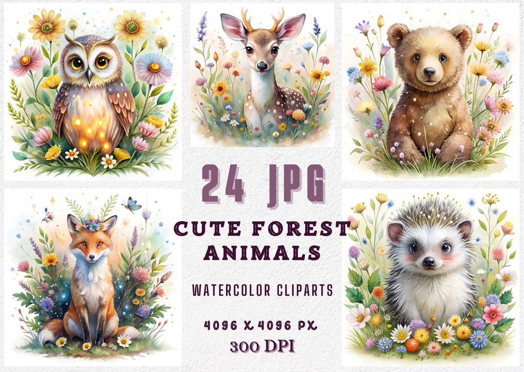 Watercolor Wild Animals Clipart, Cute Animals Clipart, Cute Owl, Deer ...