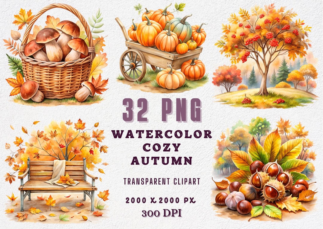 Watercolor Cozy Autumn PNG, Pumpkins Watercolor Fall Clipart Bundle ...