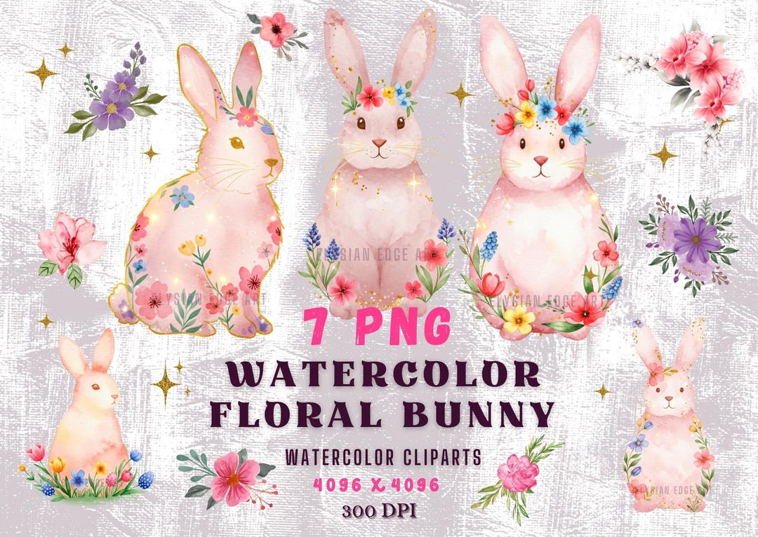 Watercolor Floral Bunny PNG, Easter Watercolor, Coquette Room Decor ...