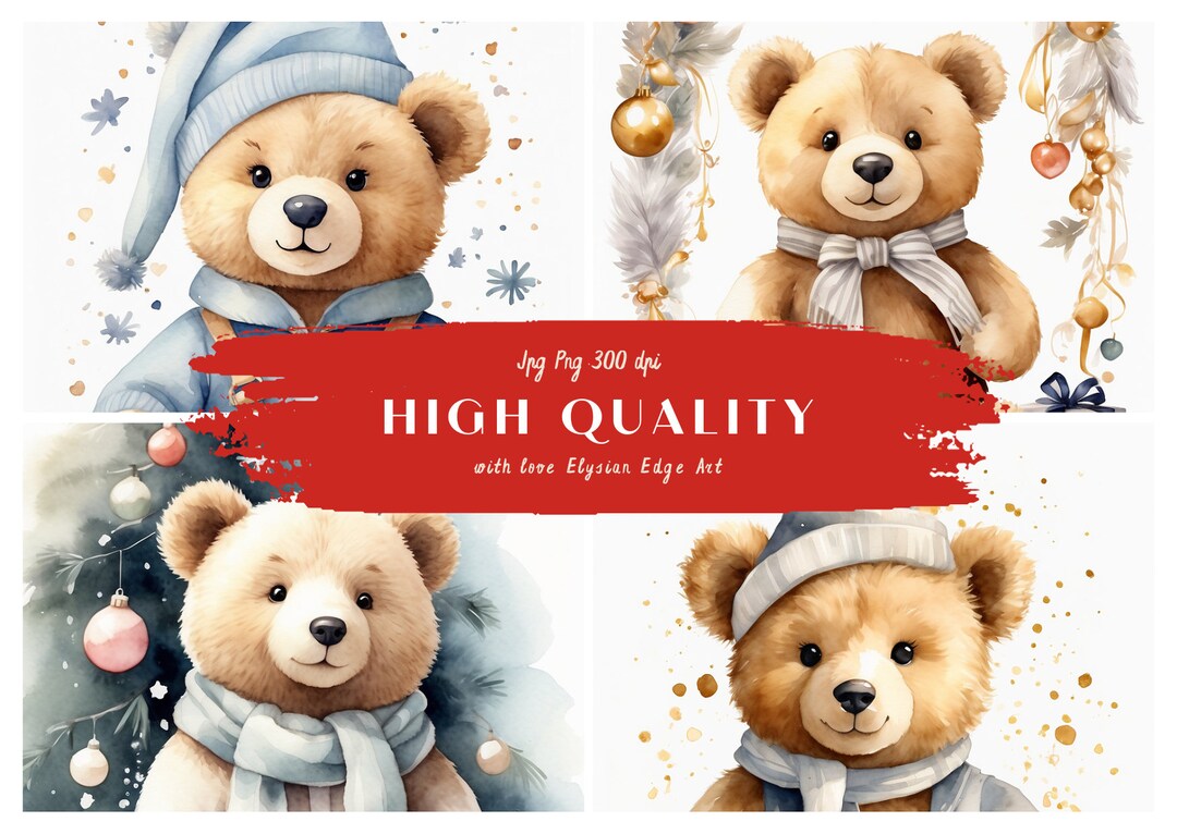 Watercolor Cute Christmas Bear Clipart, Cute Teddy Bear, Christmas Mood ...