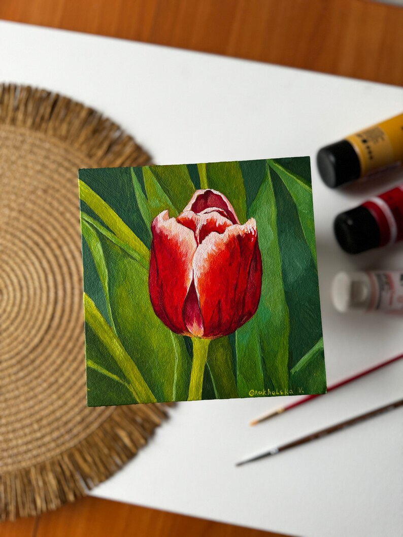 Colorful Tulip Artwork Acrylic Red Tulip Flower Painting Original Art ...