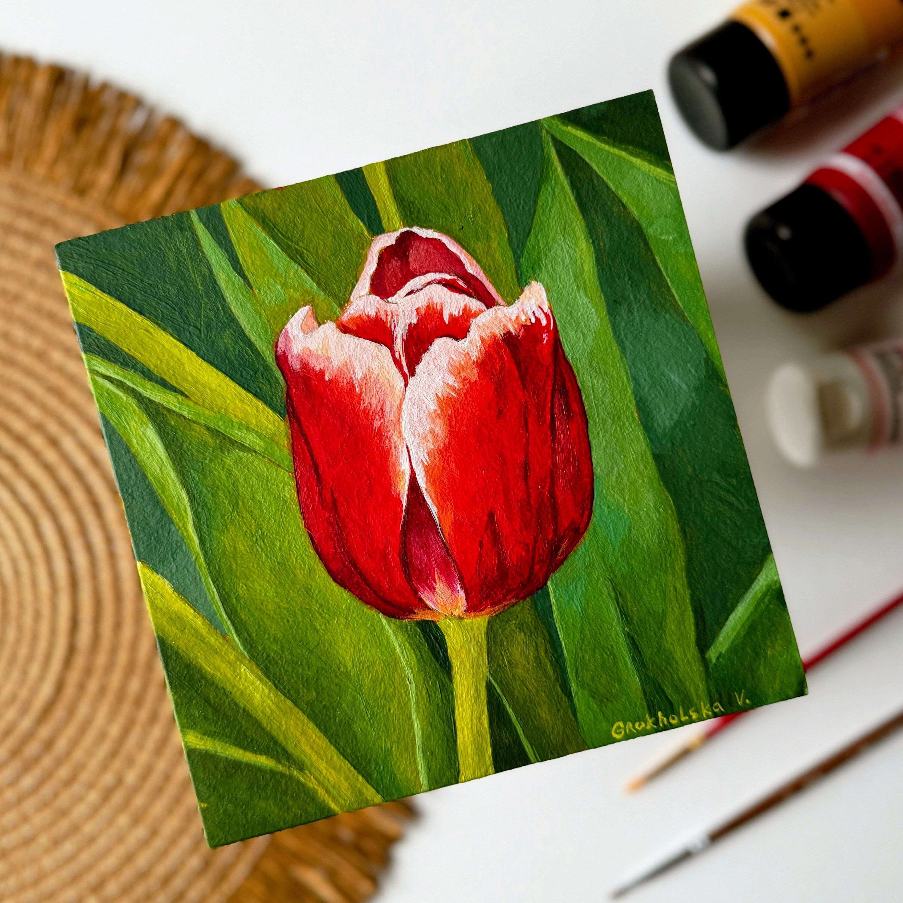 Colorful Tulip Artwork Acrylic Red Tulip Flower Painting Original Art ...