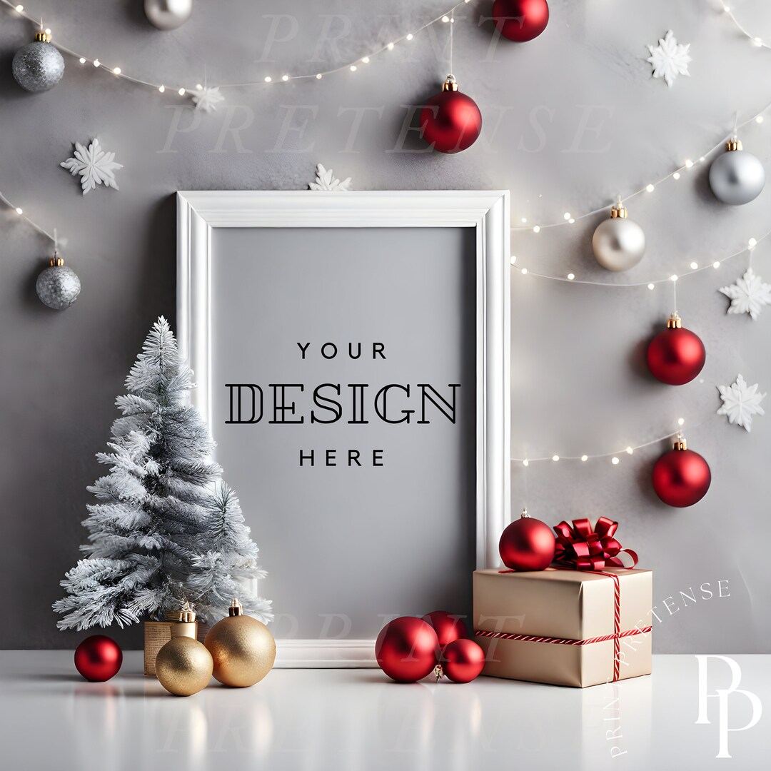 Christmas White Frame Digital Mockup With Silver & Red - Etsy