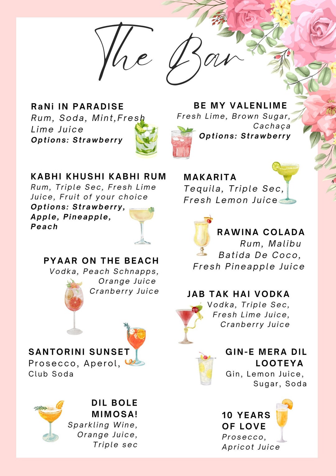 Individual Bar Menu for Weddings, Engagements, Birthday Parties Etc. - Etsy