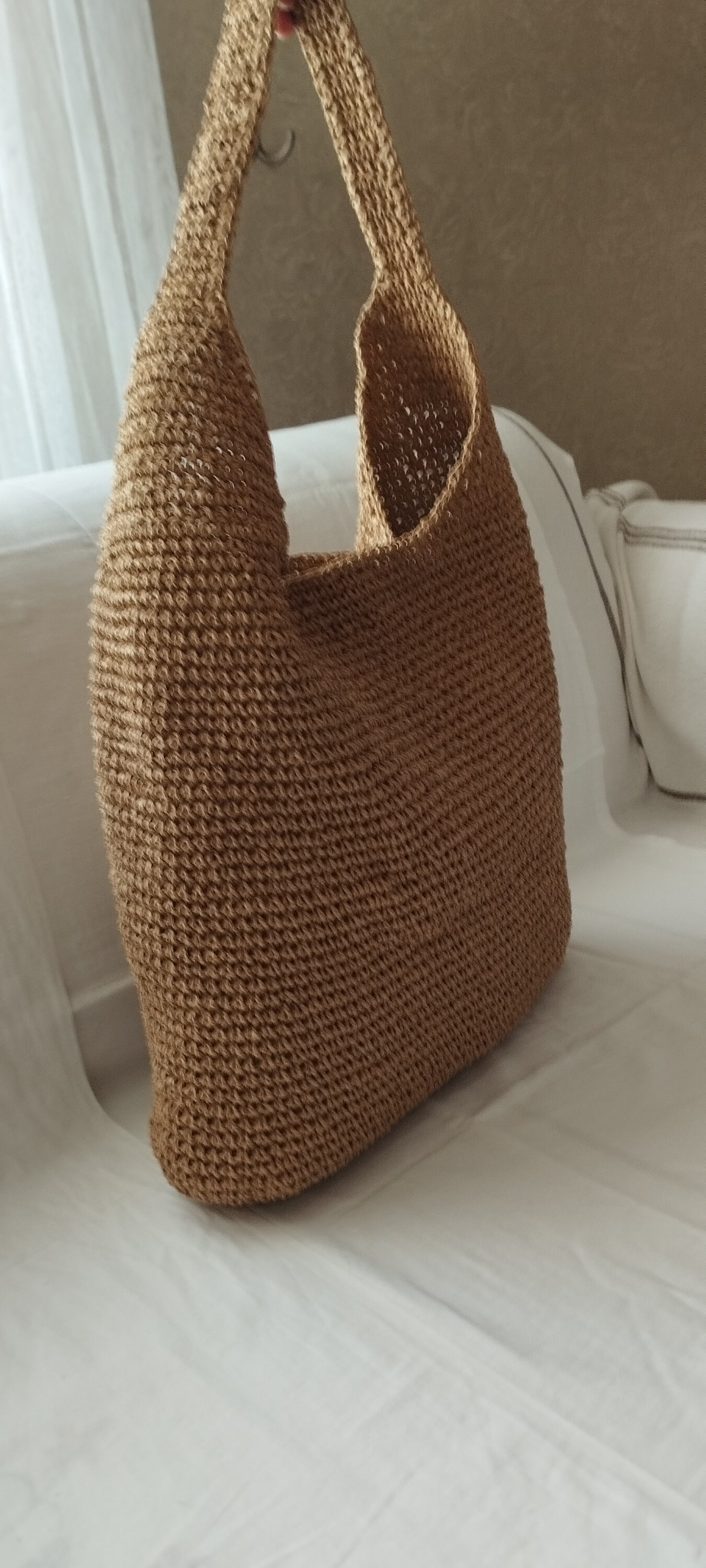 Women's Brown Paper String Knitted Bag, Eco-friendly Two Compartment ...