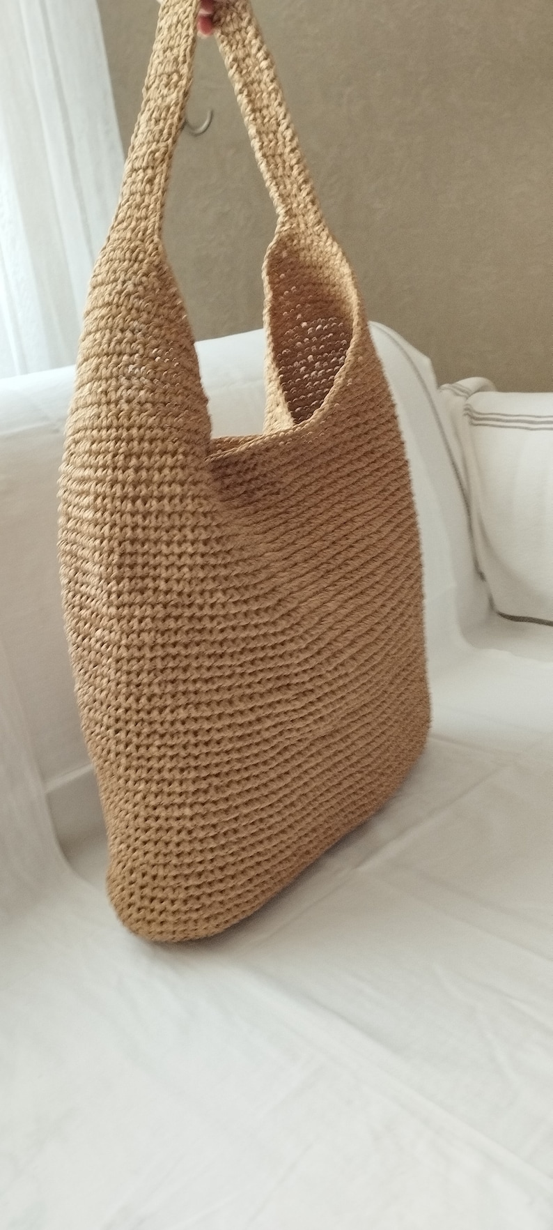 Women's Brown Paper String Knitted Bag, Eco-friendly Two Compartment ...
