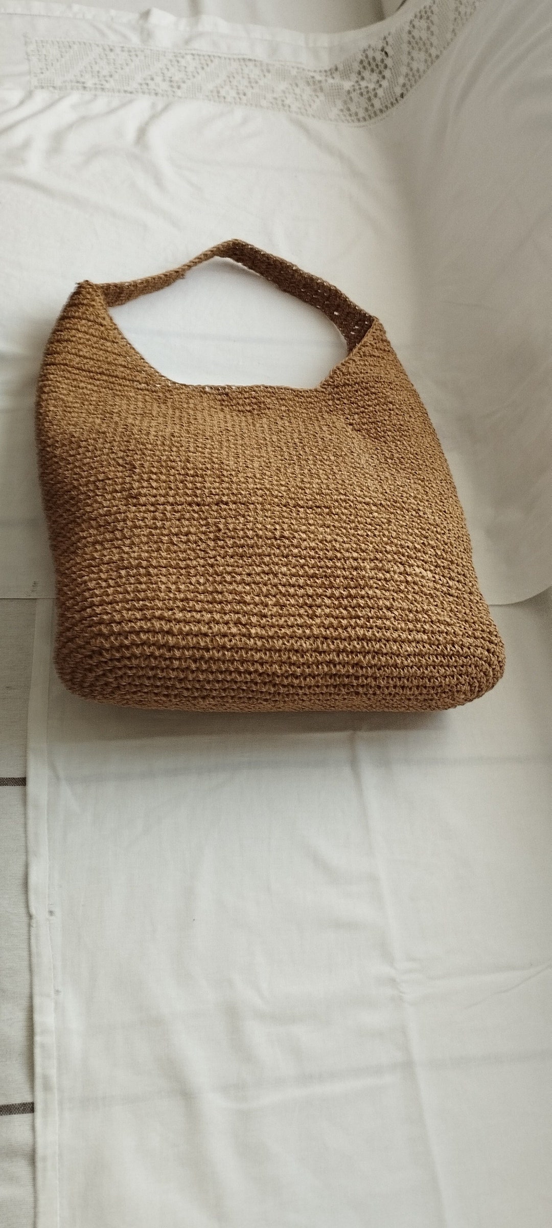 Women's Brown Paper String Knitted Bag, Eco-friendly Two Compartment ...