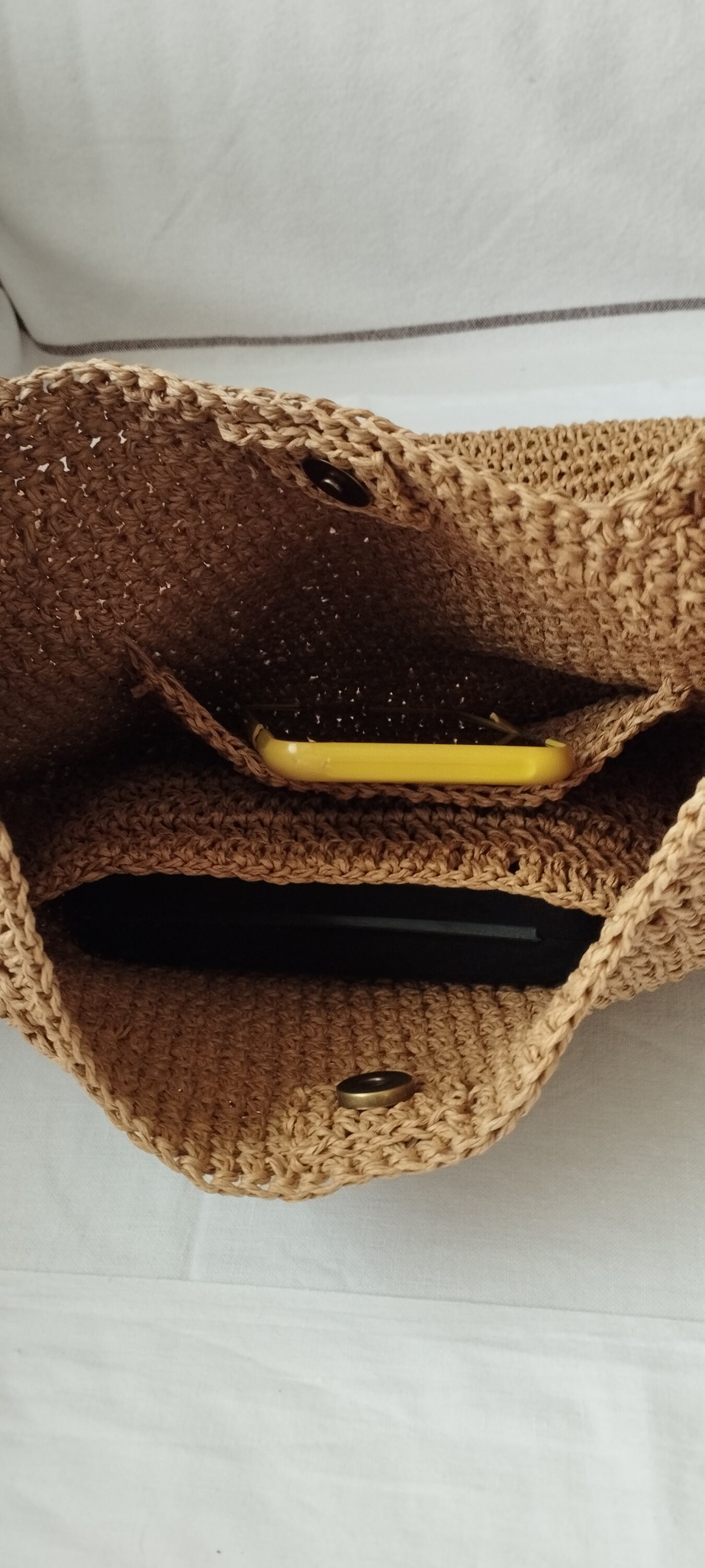 Women's Brown Paper String Knitted Bag, Eco-friendly Two Compartment ...