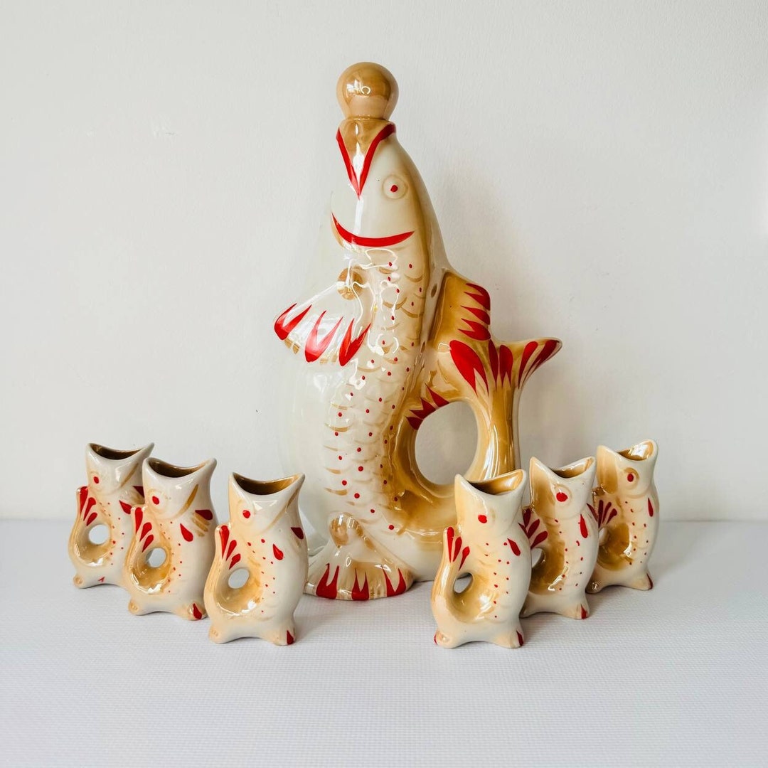 Vintage Ceramic Fish Decanter Set With 6 Shot Glasses, Barware Decor - Etsy