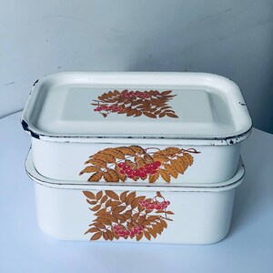 Vintage Enamelware Food Container Set: White Enamel Refrigerator Boxes ...