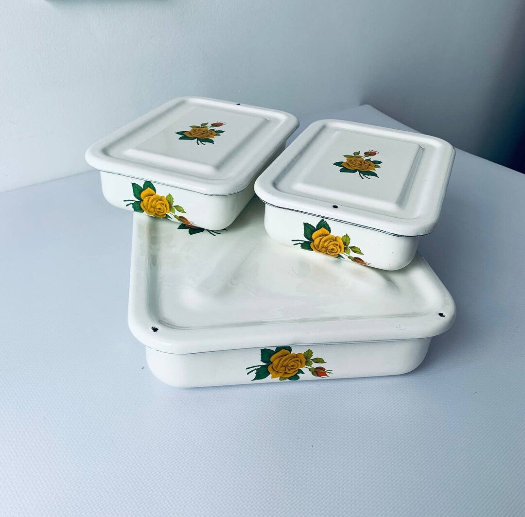 Unused Set of 3 Food Vintage Enamelware Containers With Lid Metal Box ...