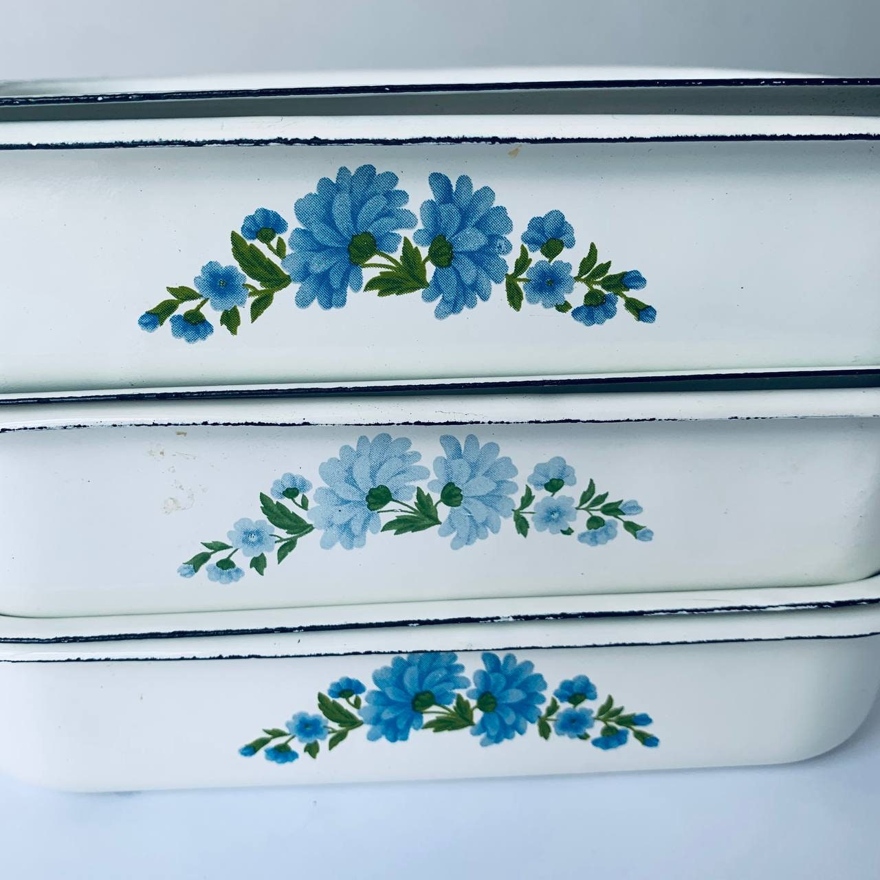 White Enamel Box With Lid and Blue Cornflowers Vintage Enamelware Food ...