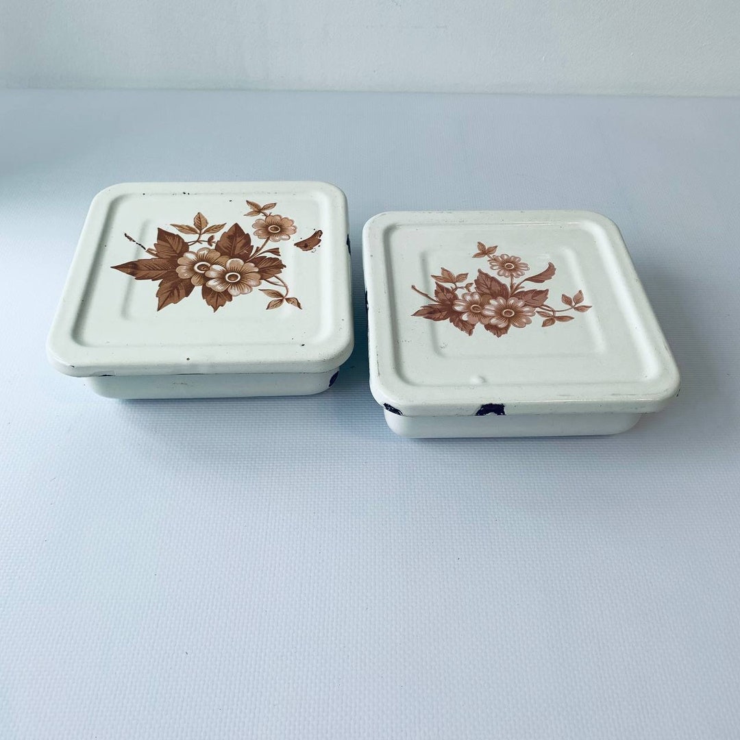 Vintage Enamelware Food Container Set: Floral White Enamel Box ...