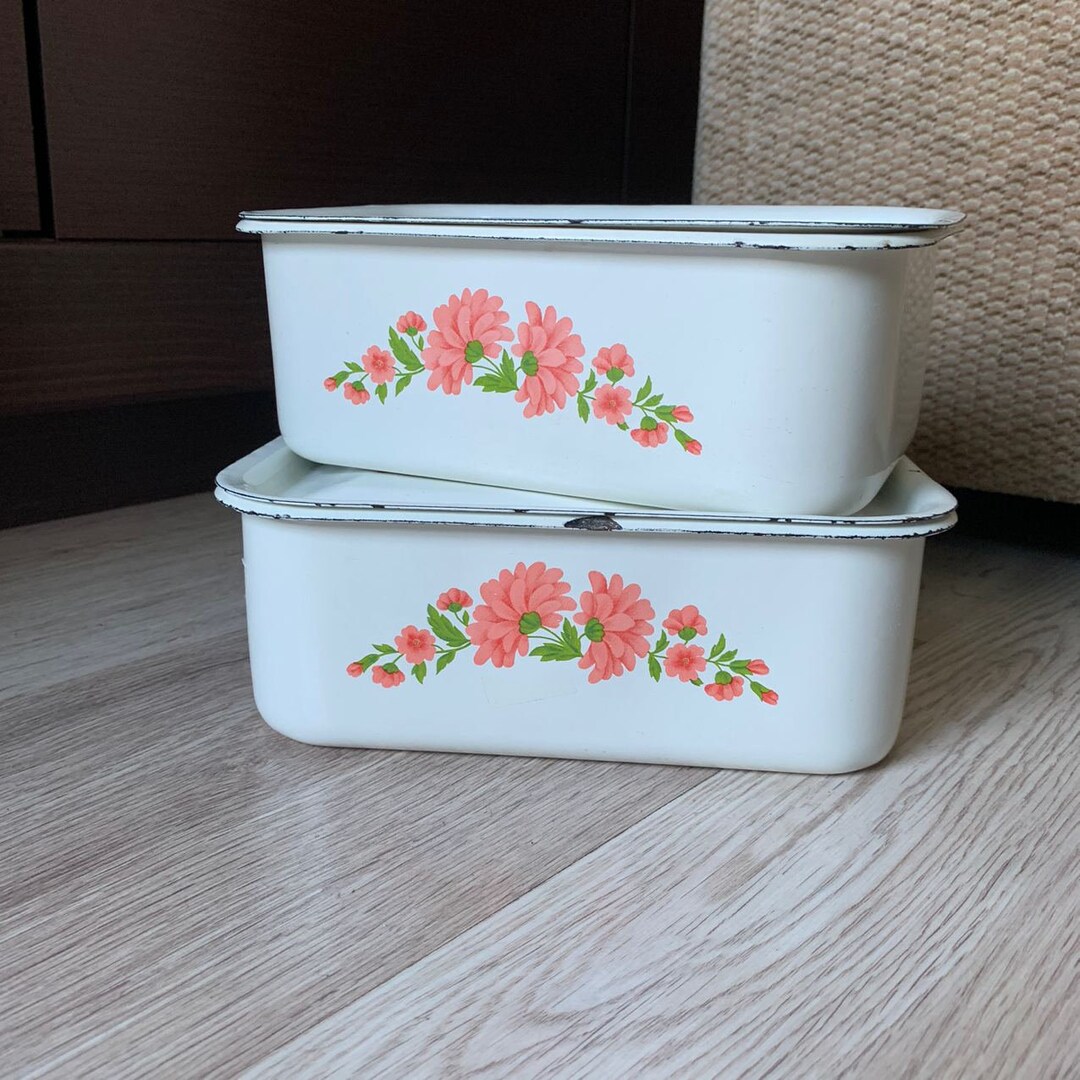 Set of 2 Food Containers Vintage Enamelware Container With Lid Metal ...