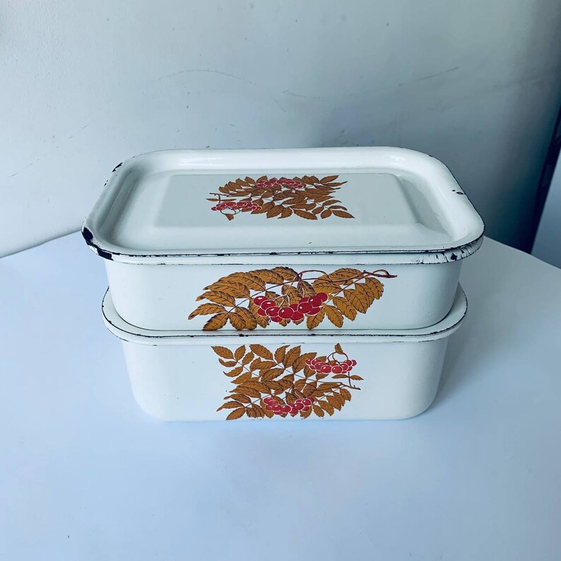Set of 2 Food Containers Vintage Enamelware Container With Lid Metal ...