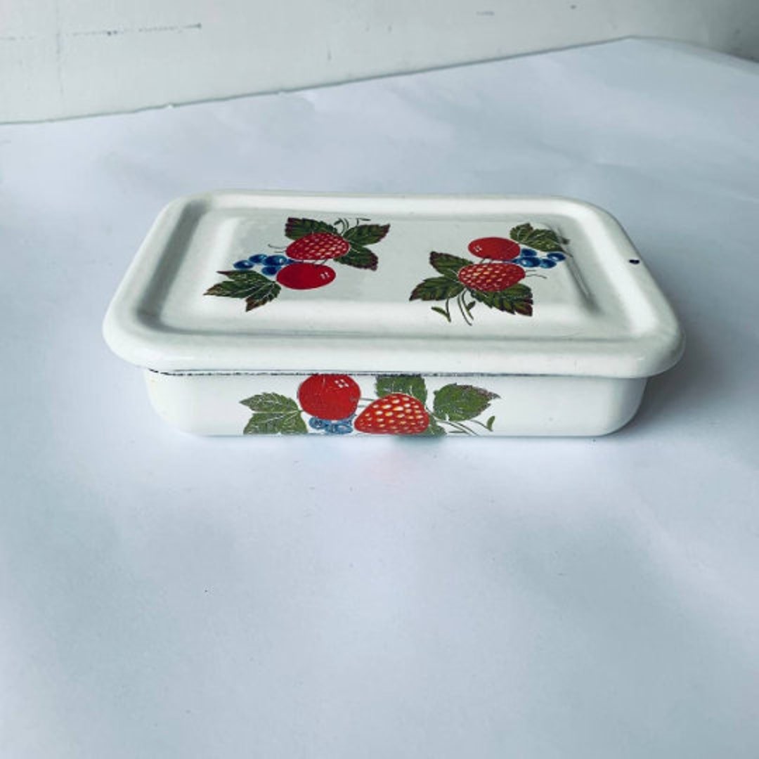 Vintage Enamelware Food Container: White Metal Box With Cornflower ...