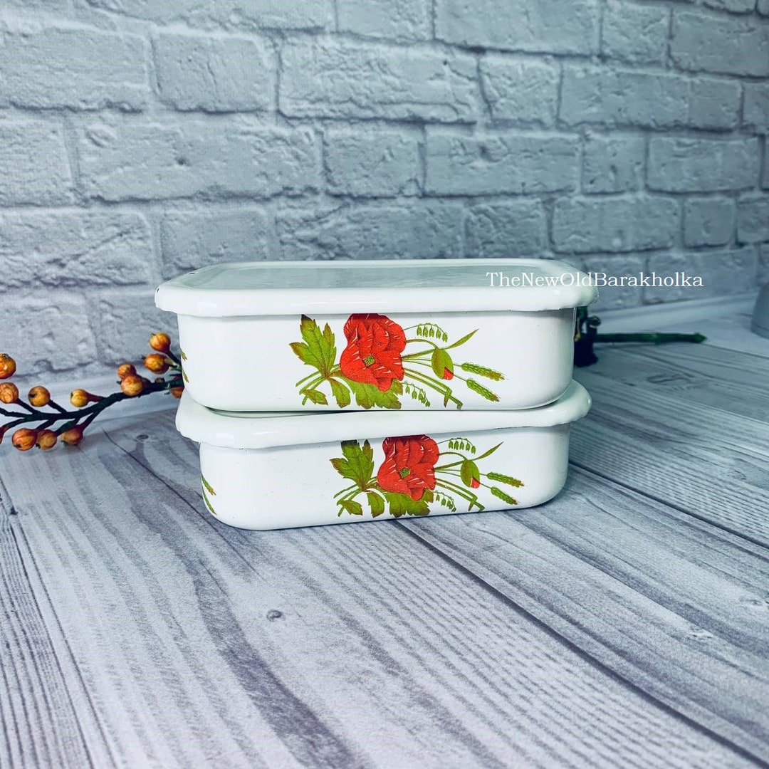 Set of 2 Vintage Soviet White Enamel Containers With Lid. Metal Box ...