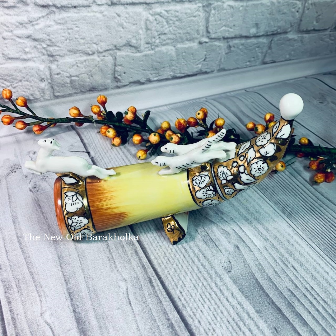 Vintage Porcelain Hunting Horn Sculpture, Kiev EKHZ, Gilded Floral ...