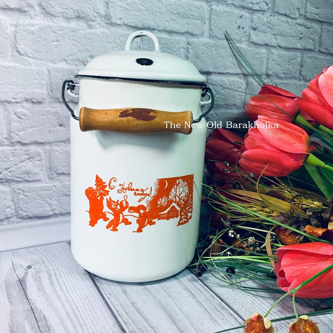 Vintage Enamel Milk Can, Farmhouse Milk Jug, Rustic Enamelware, Old ...