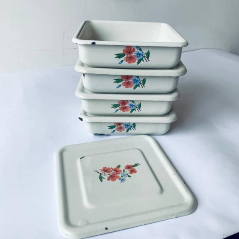 Set of 4 Food Containers Vintage Enamelware Containers With Lid Metal ...