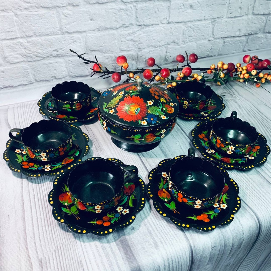 Vintage Khokhloma Metal Coffee Set, Soviet Coffee Set Made of Lacquered ...