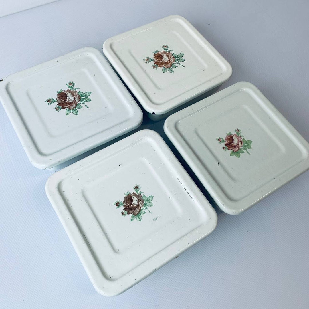 Vintage Enamelware Food Containers With Rose Decor - Set of 4 - Etsy