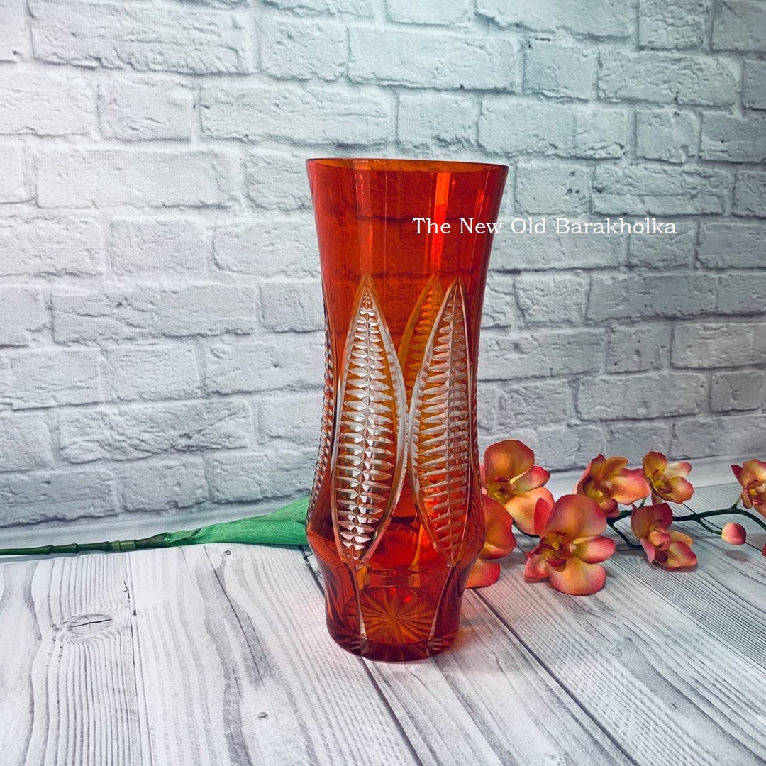 Vintage Glass Vase, Soviet Red Glass Vase, Red Flower Vase, Red Cut to ...