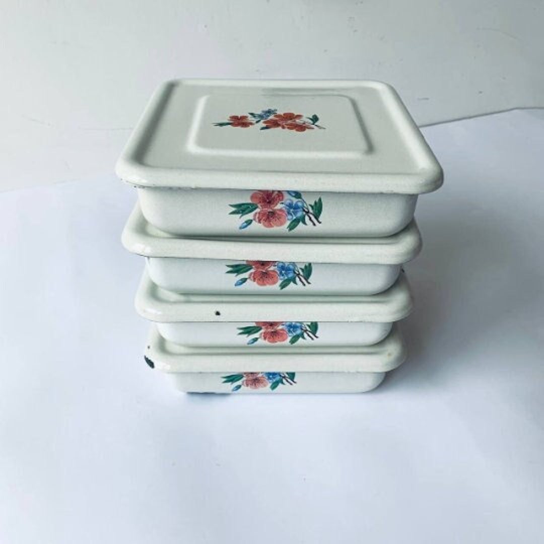Set of 4 Food Containers Vintage Enamelware Containers With Lid Metal ...
