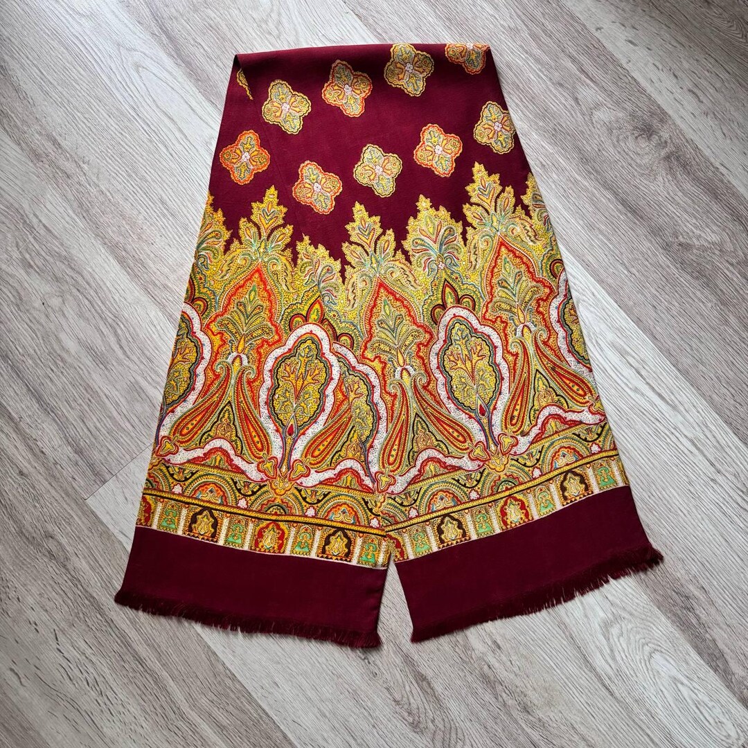 Vintage Men's Stunning Ornate Multi Colour Paisley Dark Red Wool Double ...