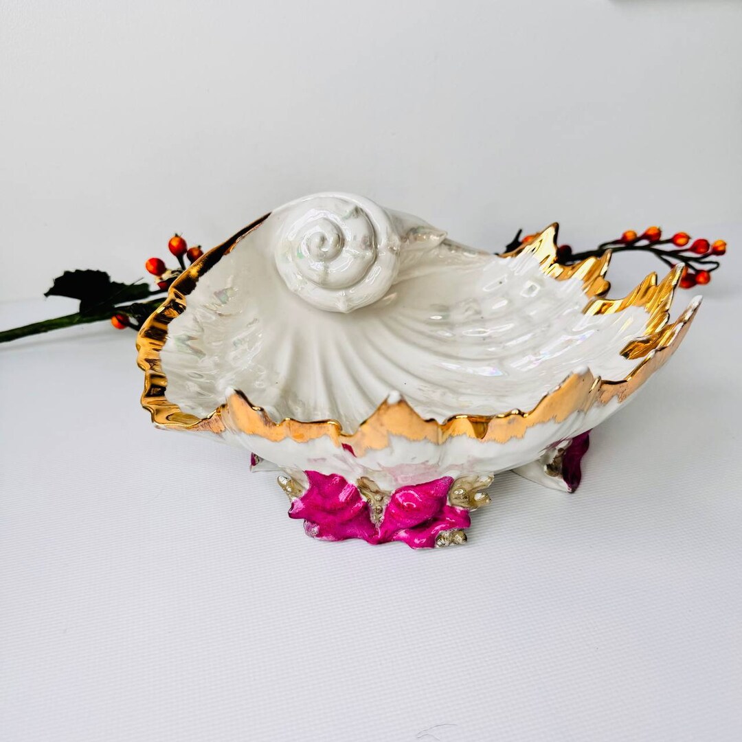 Decorative Seashell Bowl, Candy Shell Bowl With Gold Trim, Porcelain ...