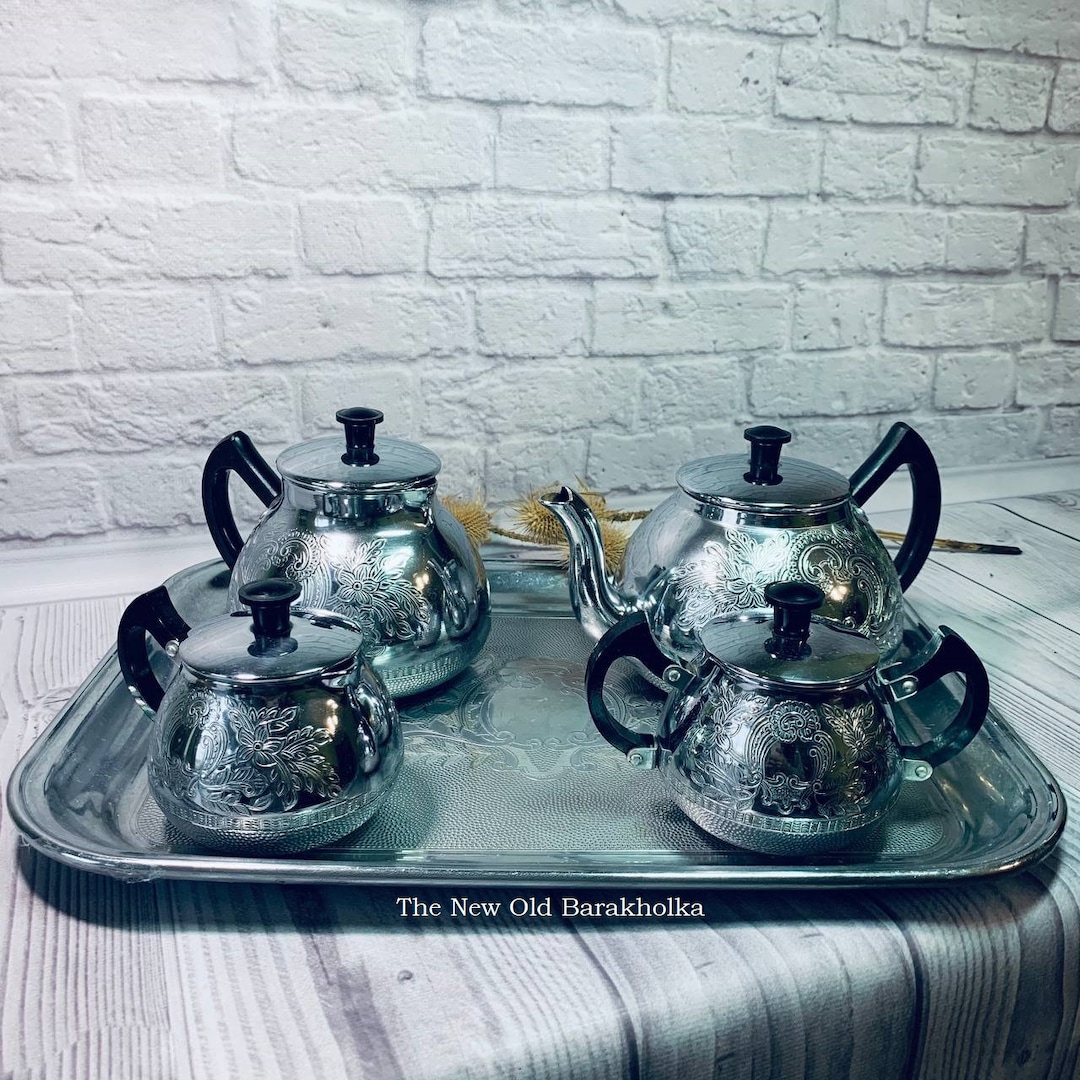 Unused Soviet GIFT SET on Tray! Teapot USSR Metal Tea Pot Coffee Sugar ...