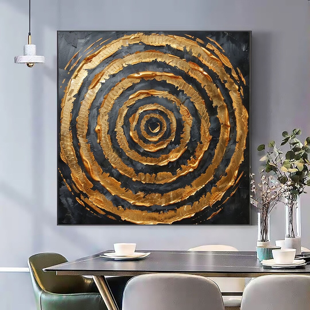 Original Gold Foil Circle Oil Painting on Canvas, Large Abstract Heavy ...