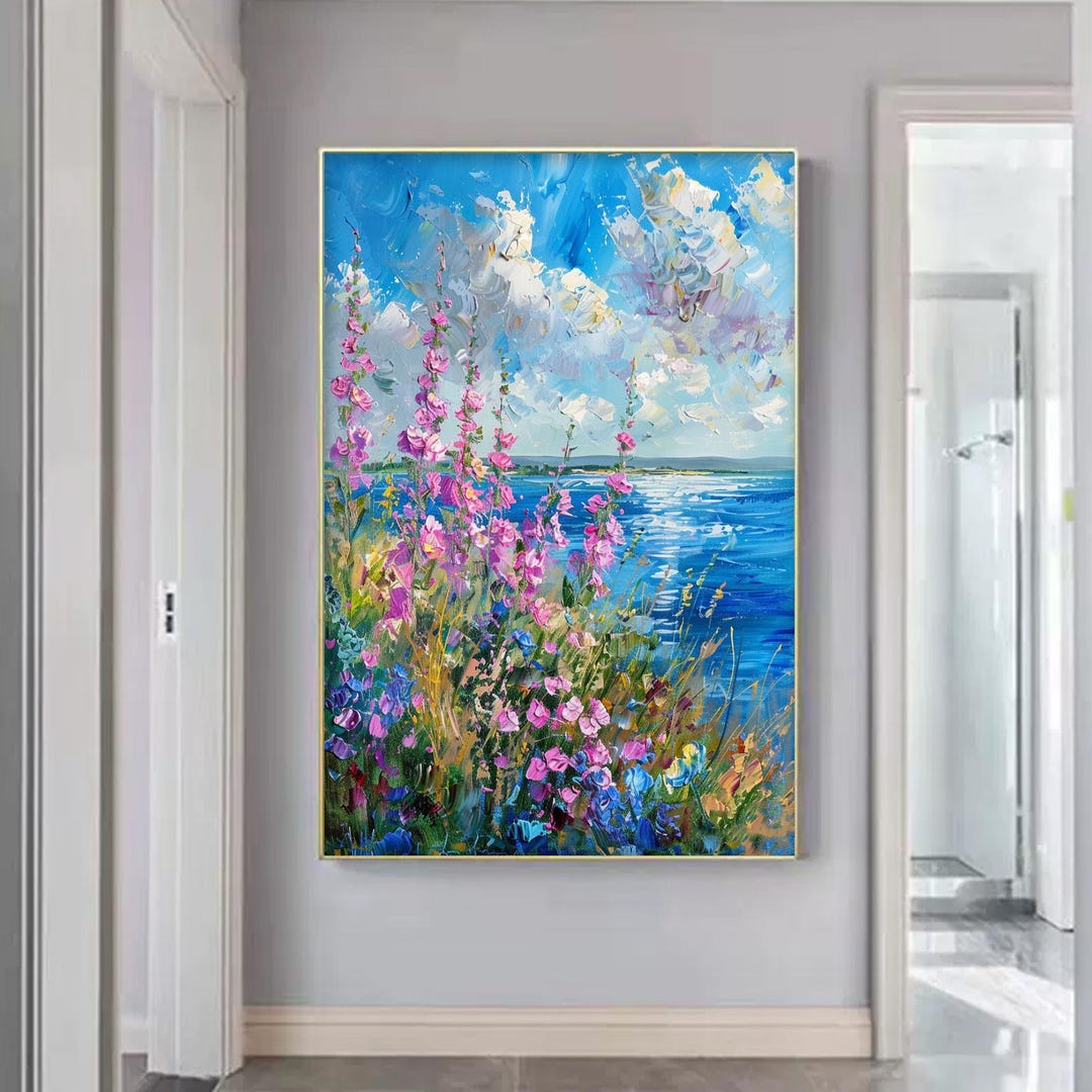 Original Blue Flower Oil Painting on Canvas, Abstract Blossom Landscape ...