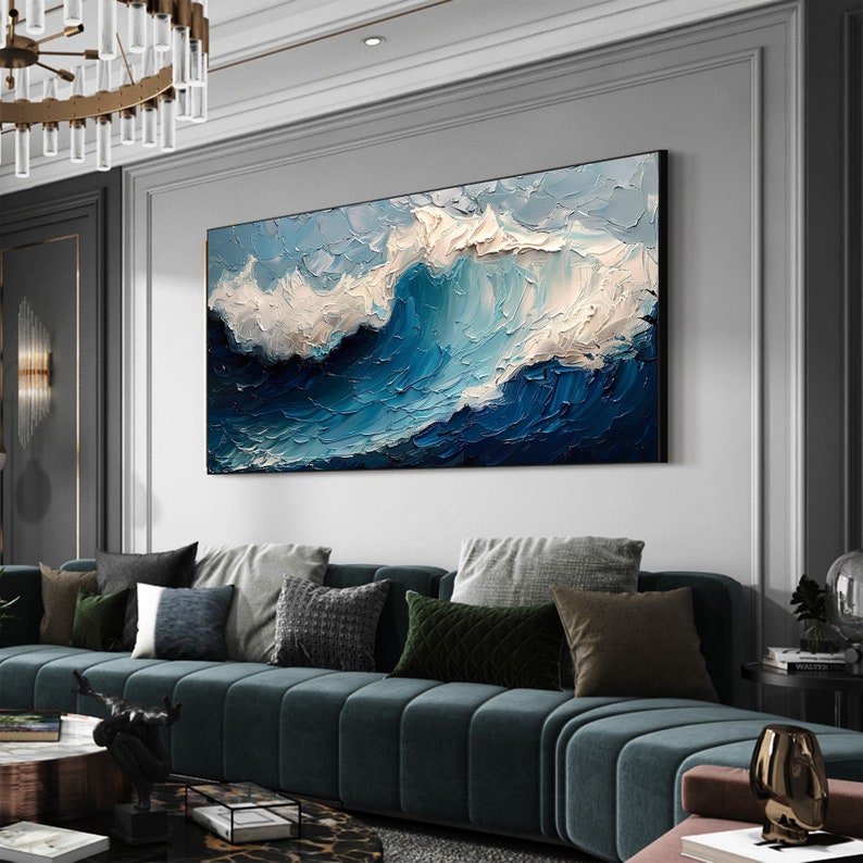 Original Blue Ocean Painting on Canvas Large Abstract Textured Sea Waves Seascape Fashion Living ...