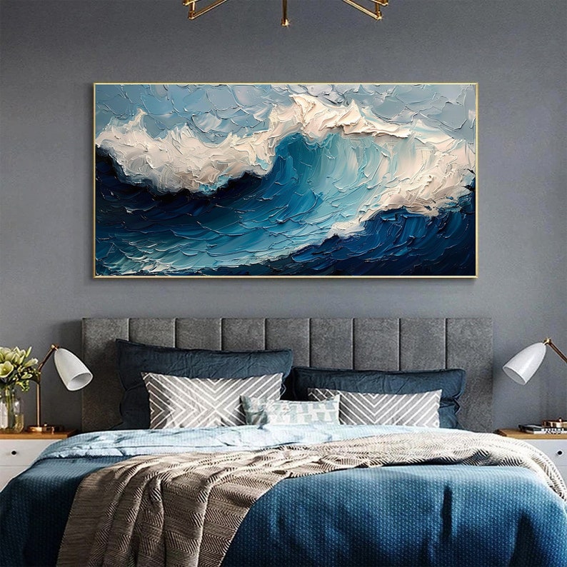 Original Blue Ocean Painting on Canvas Large Abstract Textured Sea Waves Seascape Fashion Living ...