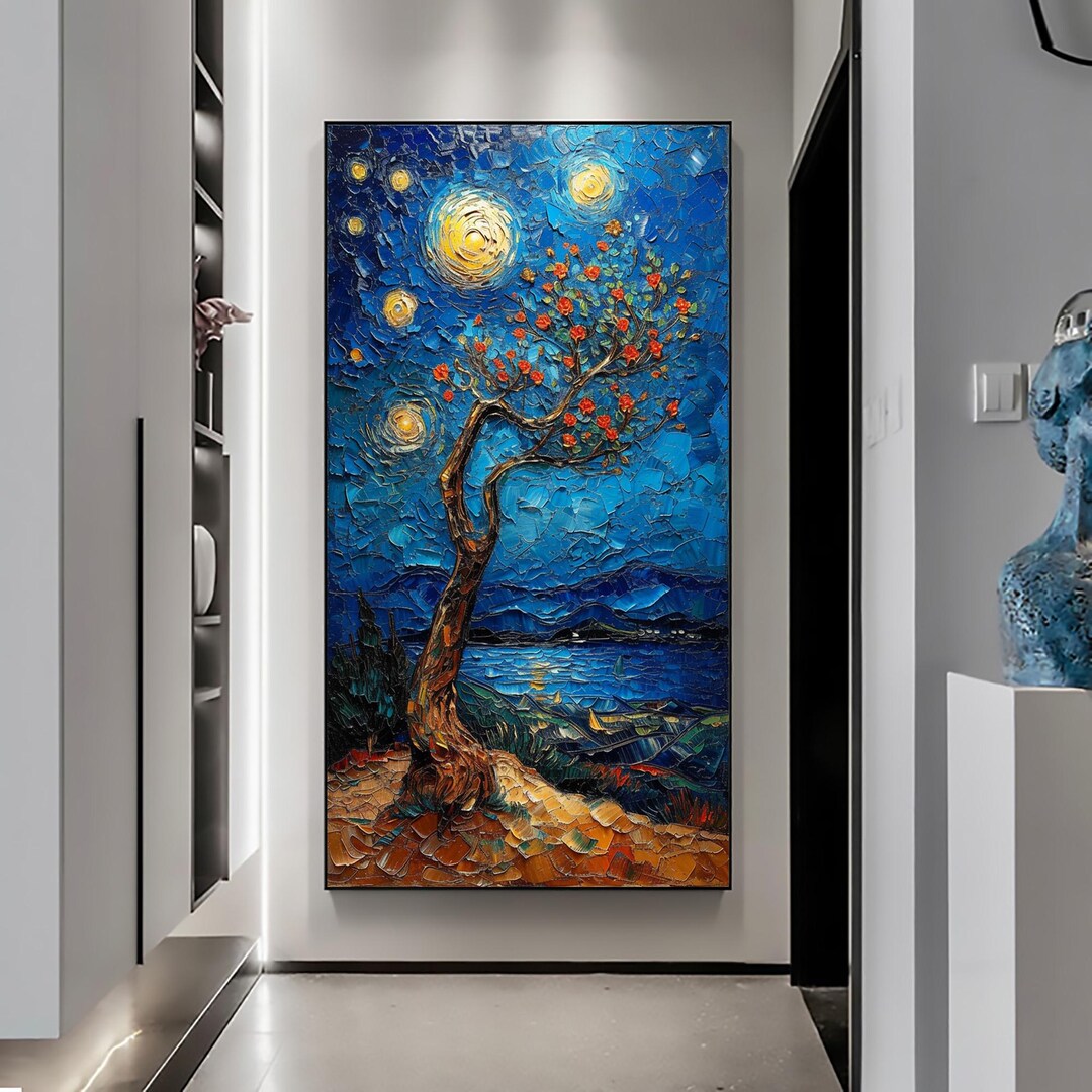 Original Starry Night Landscape Oil Painting on Canvas, Abstract Fall ...