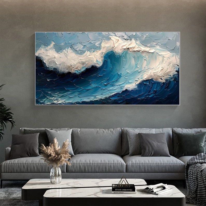 Original Blue Ocean Painting on Canvas Large Abstract Textured Sea Waves Seascape Fashion Living ...