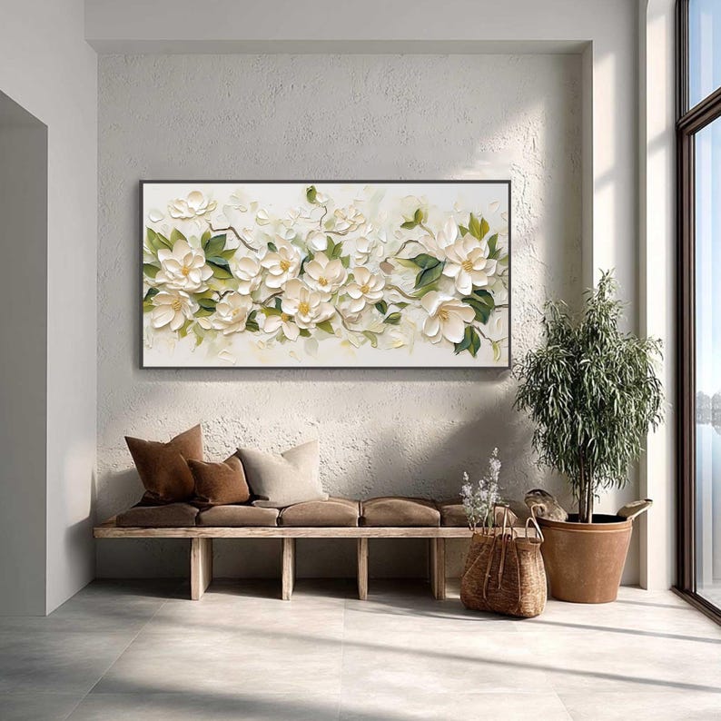 Elegant White Magnolia Flower Oil Painting, Original Blossom Painting ...