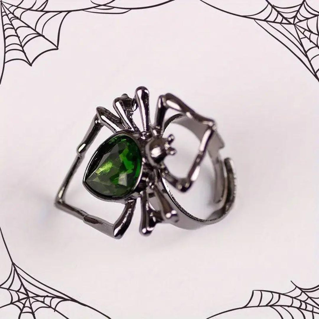 Silver Colored Spider Ring With Green Gemstone Body - Crochet and ...